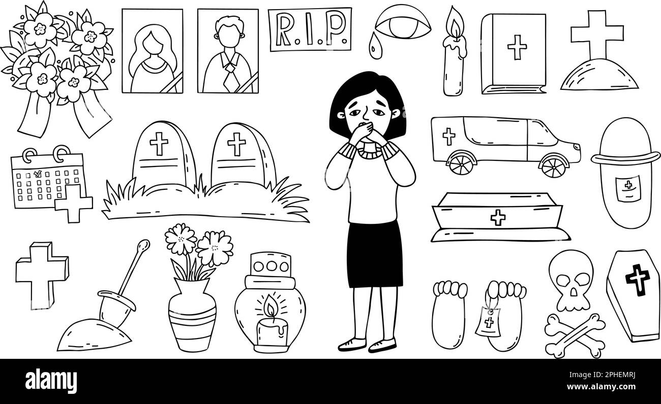 Vector doodles symbols death and funeral. unhappy woman, grave, cross ...