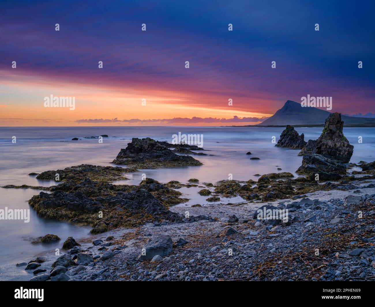 Coastal landscape in the Arneshreppur at bay Trekyllisvik. The Strandir ...