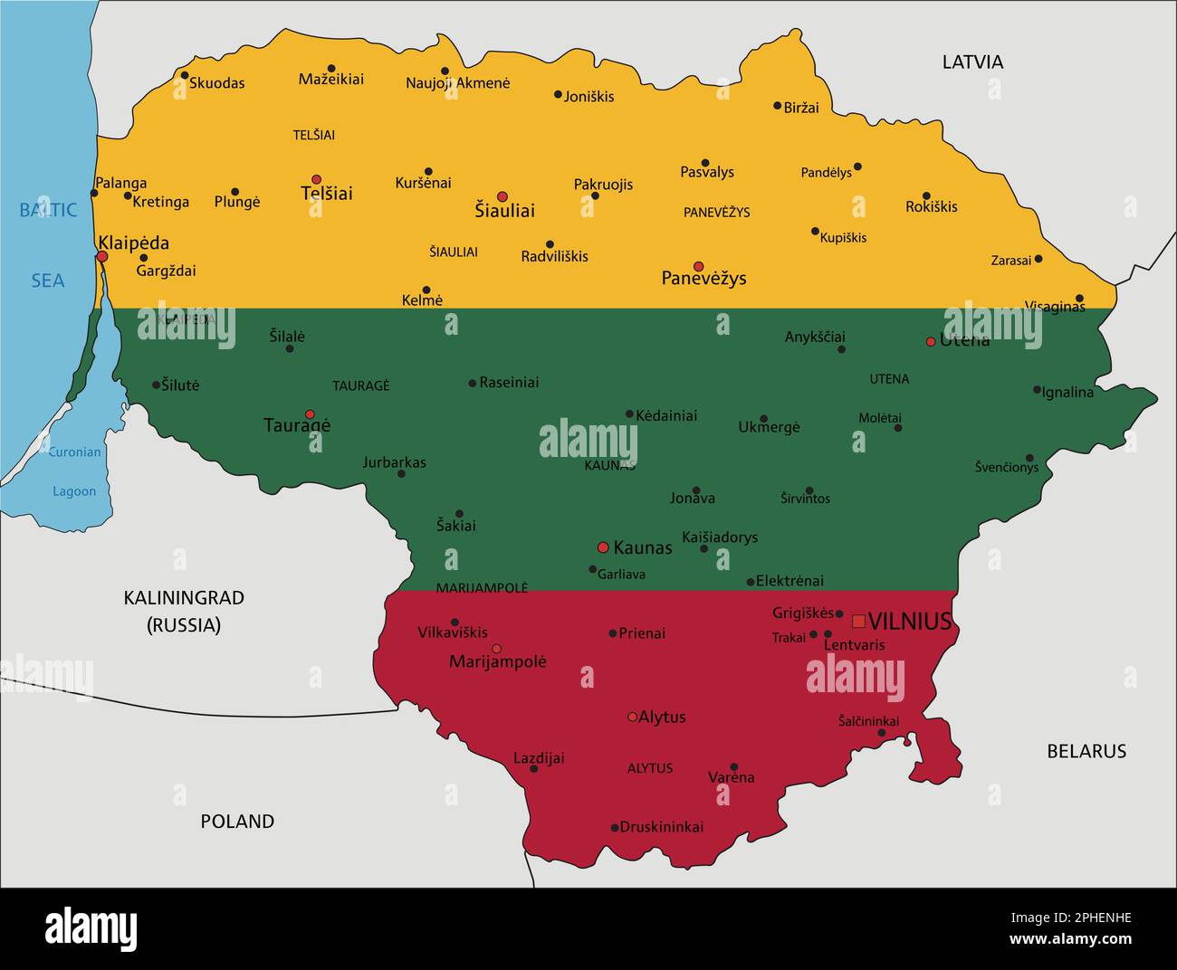 Lithuania highly detailed political map with national flag isolated on white background Stock ...
