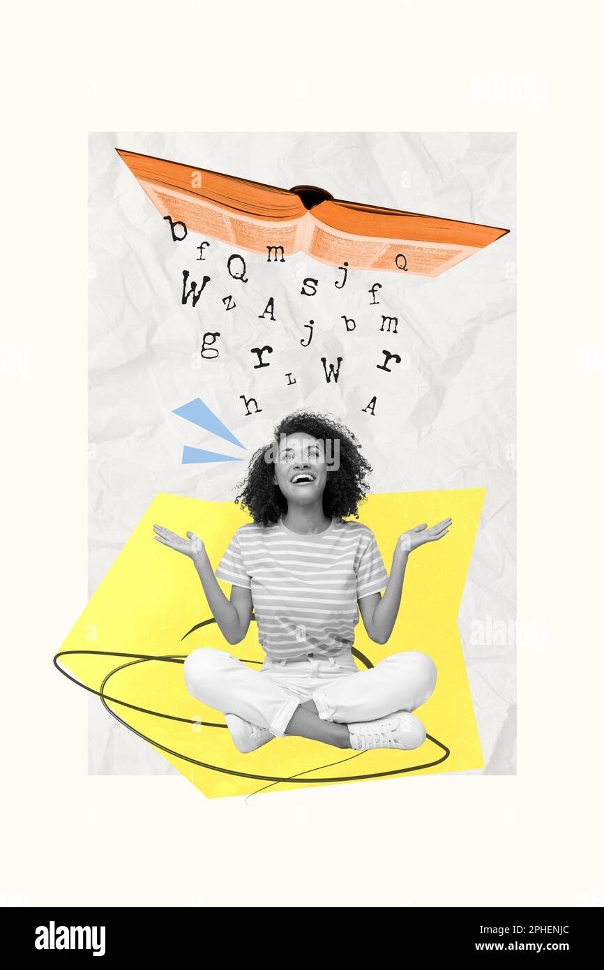 Photo collage of young curious funny girl looking excited open book ...