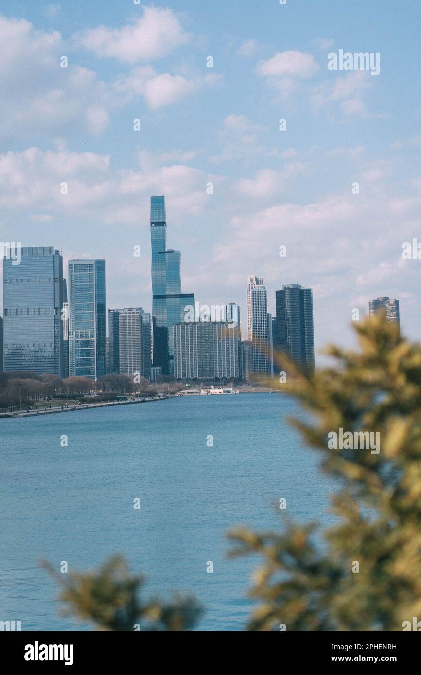 A scenic cityscape view with Chicago downtown and Lake Michigan at ...