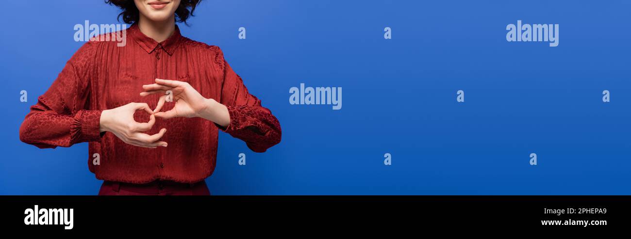 cropped view of young woman showing symbol meaning interpreter on sign ...