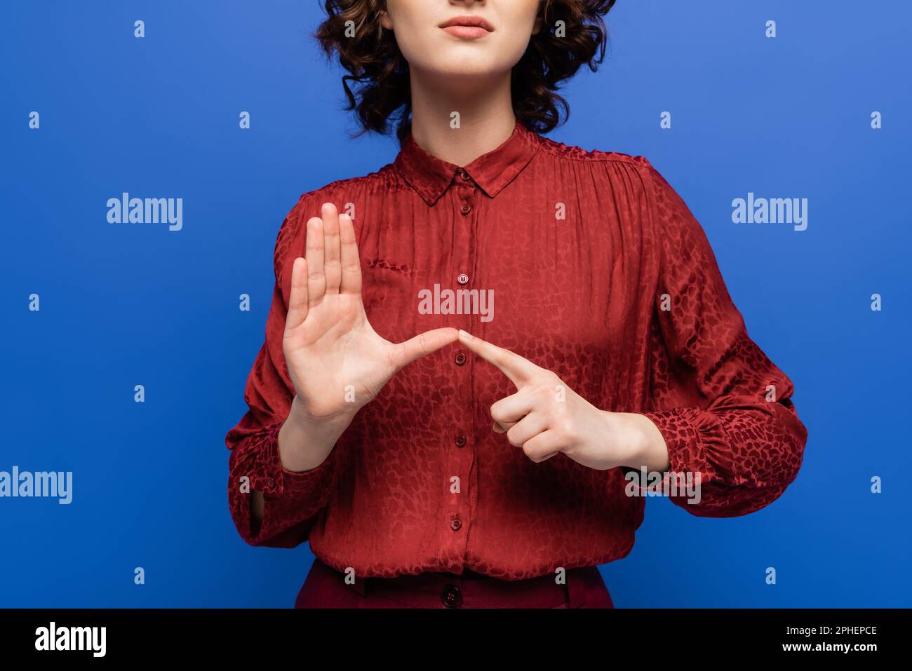 partial view of teacher in burgundy blouse using sign language isolated ...