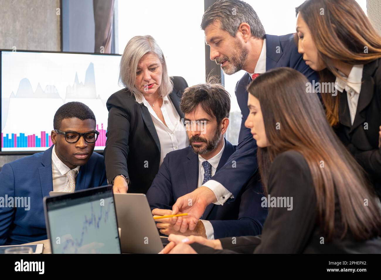 Group of financial agents working during market and stock exchange ...