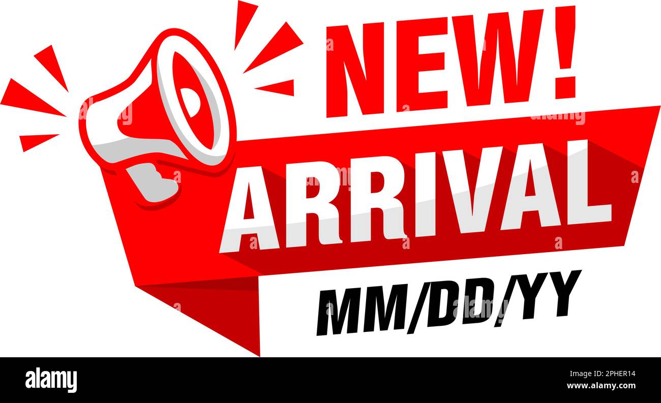 New arrival product tag on red ribbon with megaphone. Advertising ...