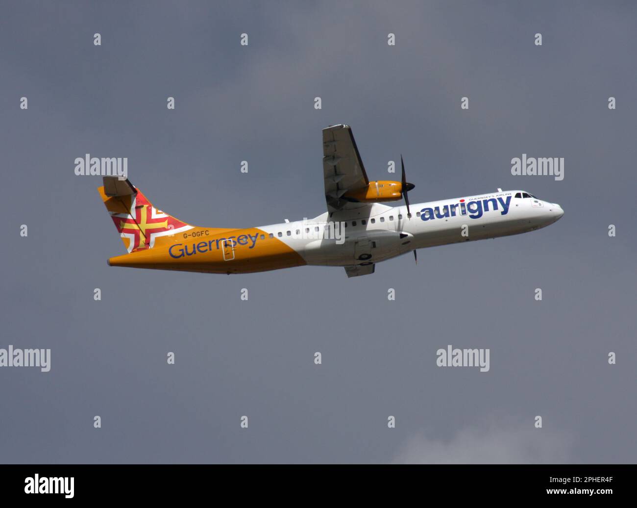 An ATR 72-600 of Aurigny Air Services departs London Gatwick Airport ...