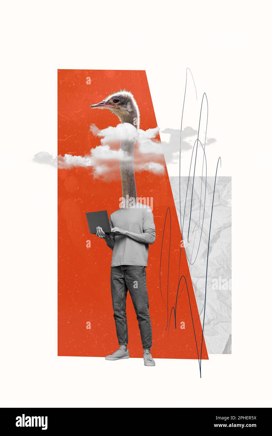 Vertical photo collage of headless absurd programmer stupid worker hold ...