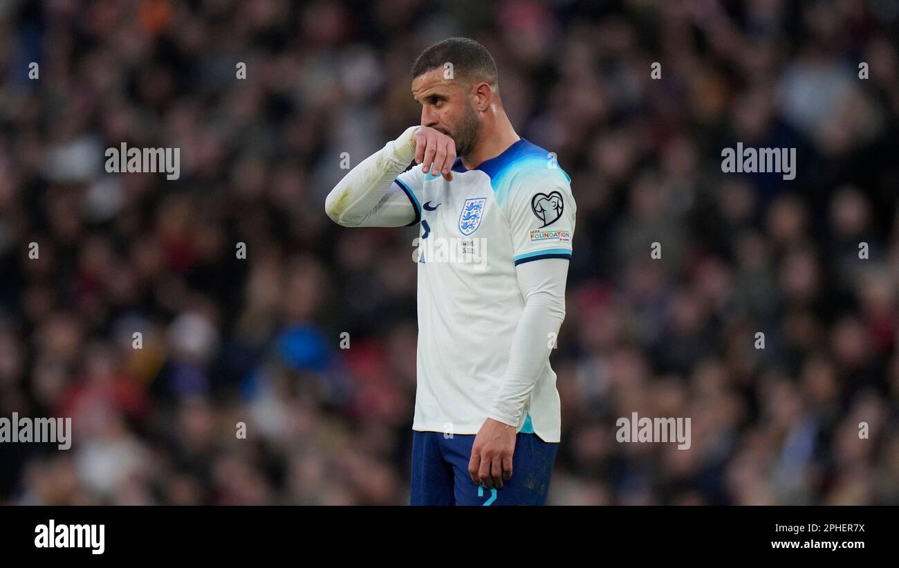 England's Kyle Walker waits for a free kick to be taken during the Euro ...