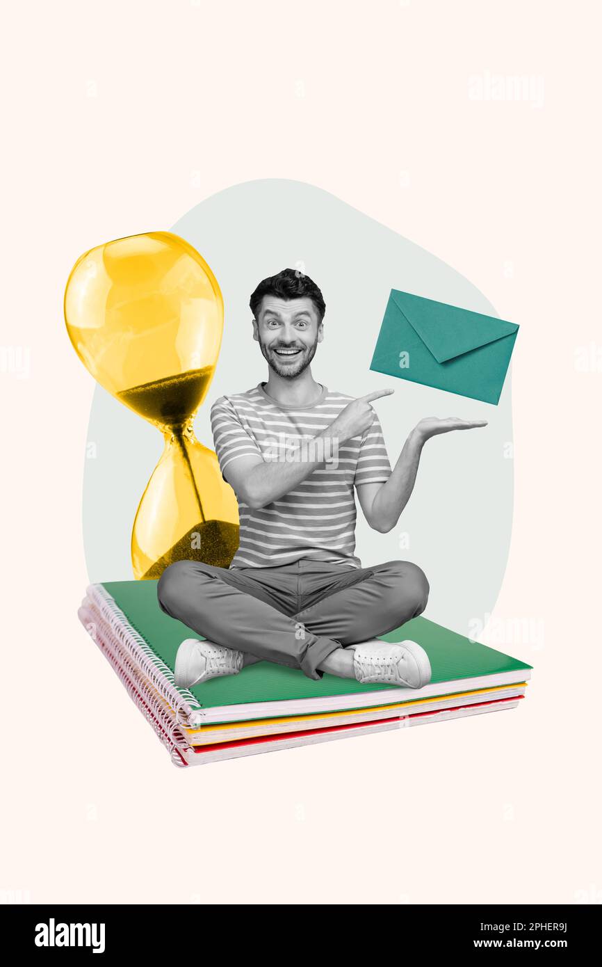 Vertical creative photo artwork collage of cheerful excited guy sit on ...