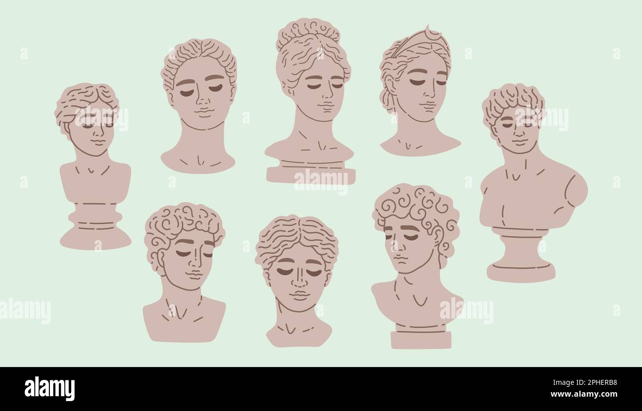 Various Antique statues. Heads of women, men. Mythical, ancient greek ...