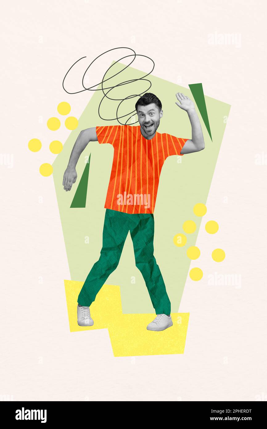 Collage photo of young excited careless chilling funky guy dancer music ...