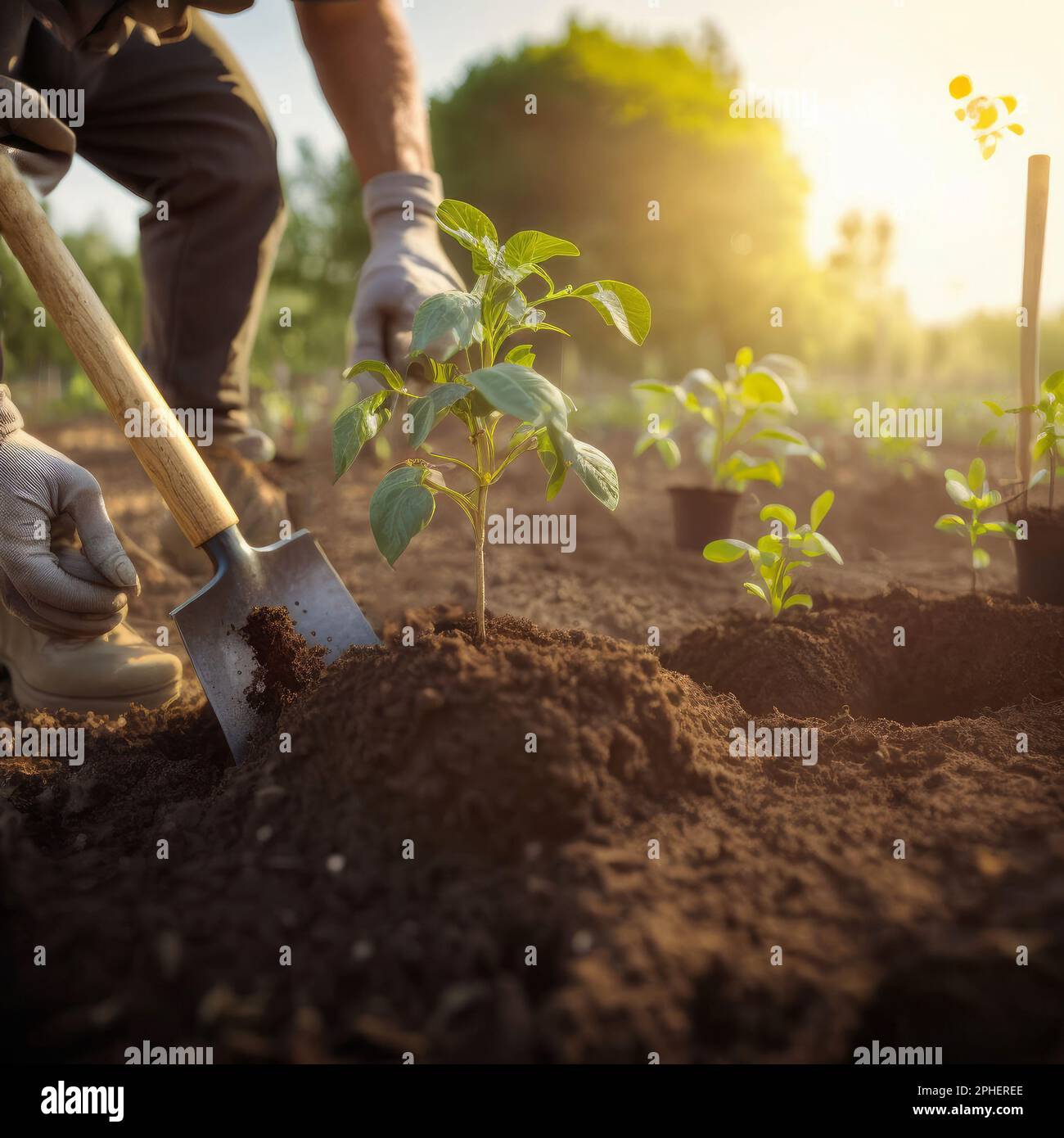 Crop anonymous male gardener in gloves planting trees using spade in ...