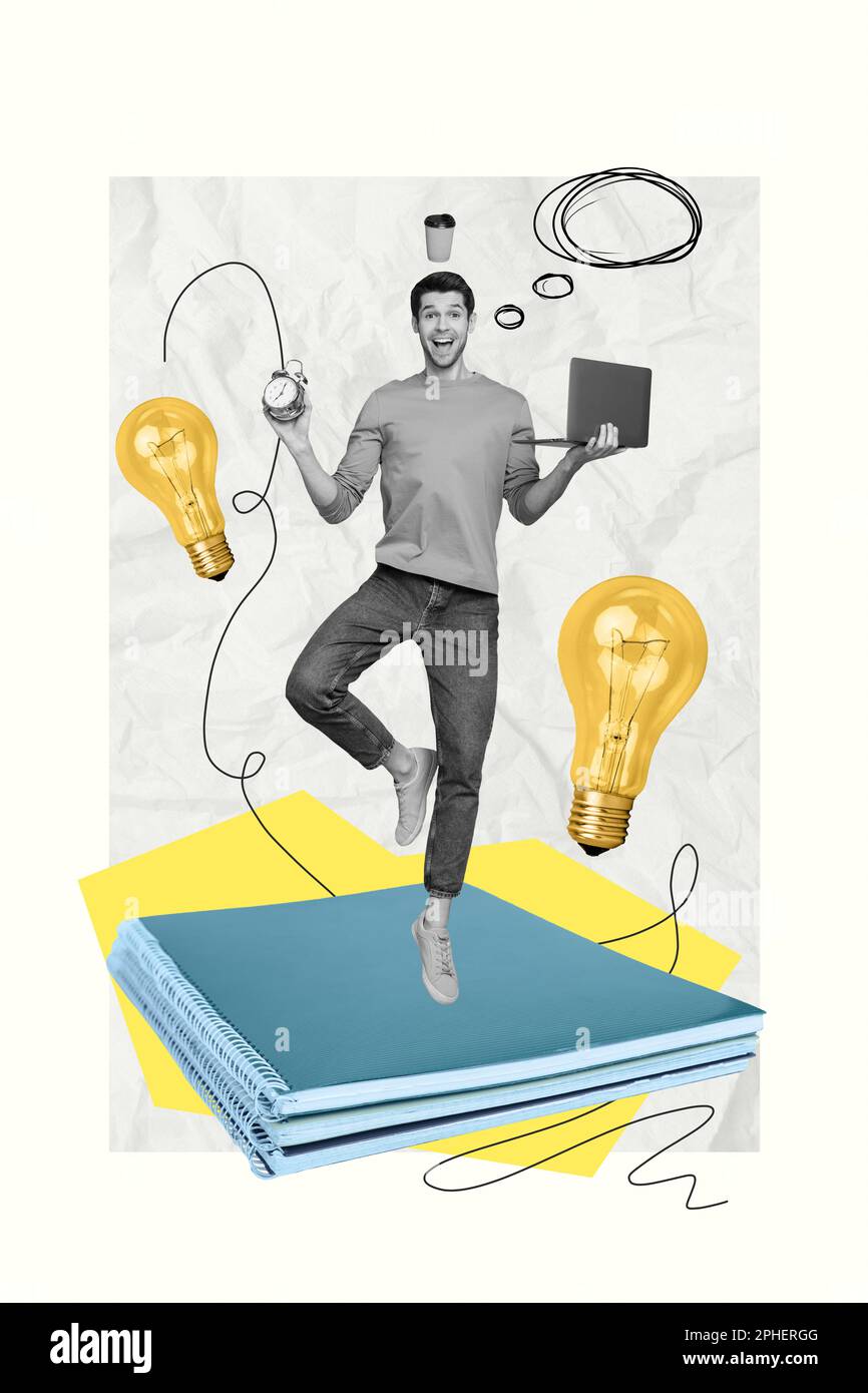 Vertical collage of young excited young man hold laptop multitask ...