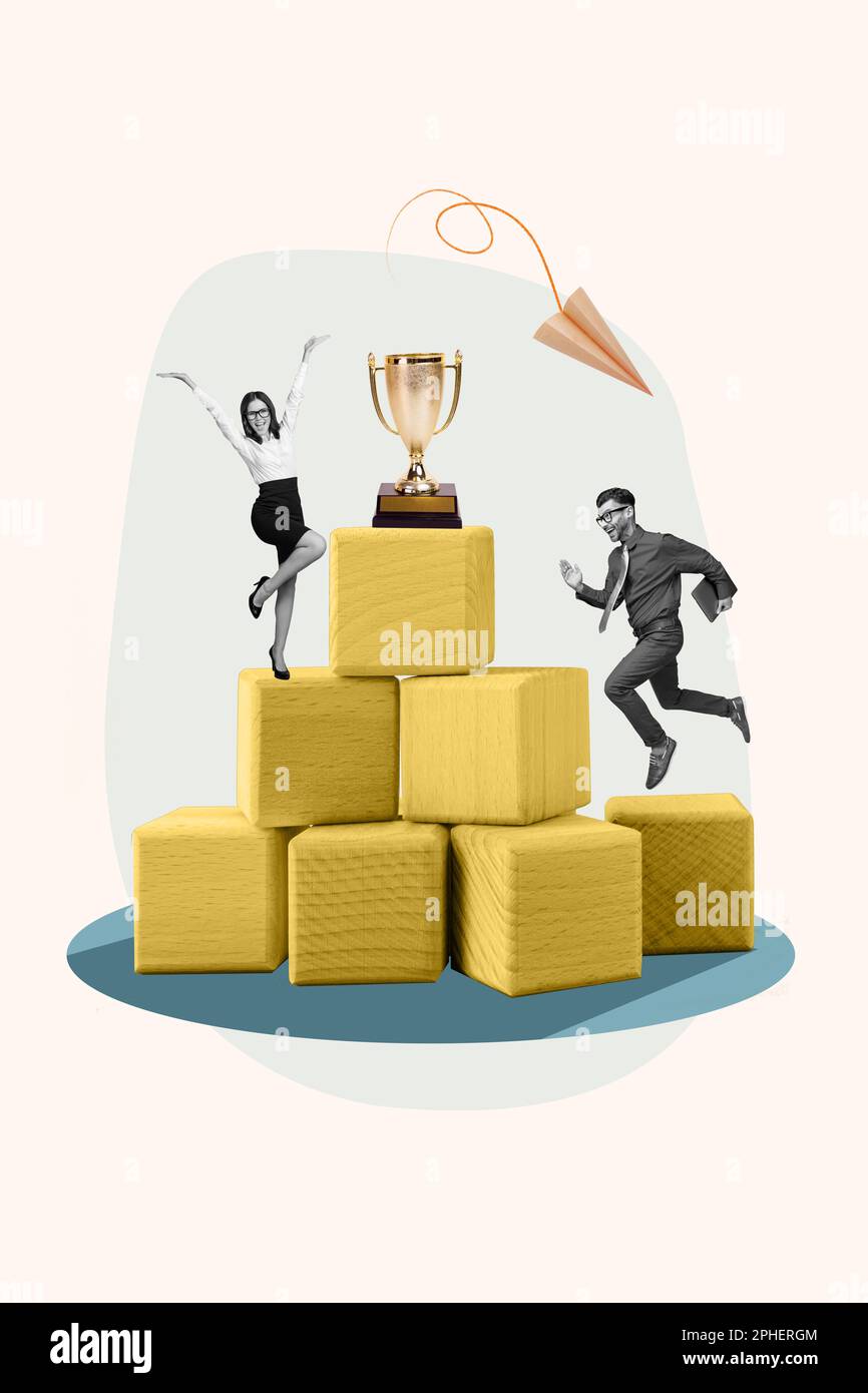 Composite photo collage of two opponents reaching heights pedestal ...