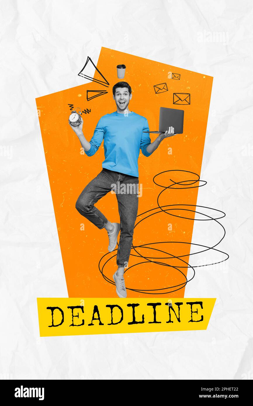 Composite collage of young office manager working guy deadline timer ...