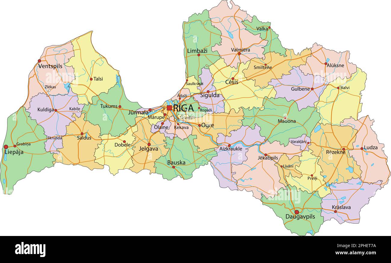 Latvia - Highly detailed editable political map with labeling Stock ...