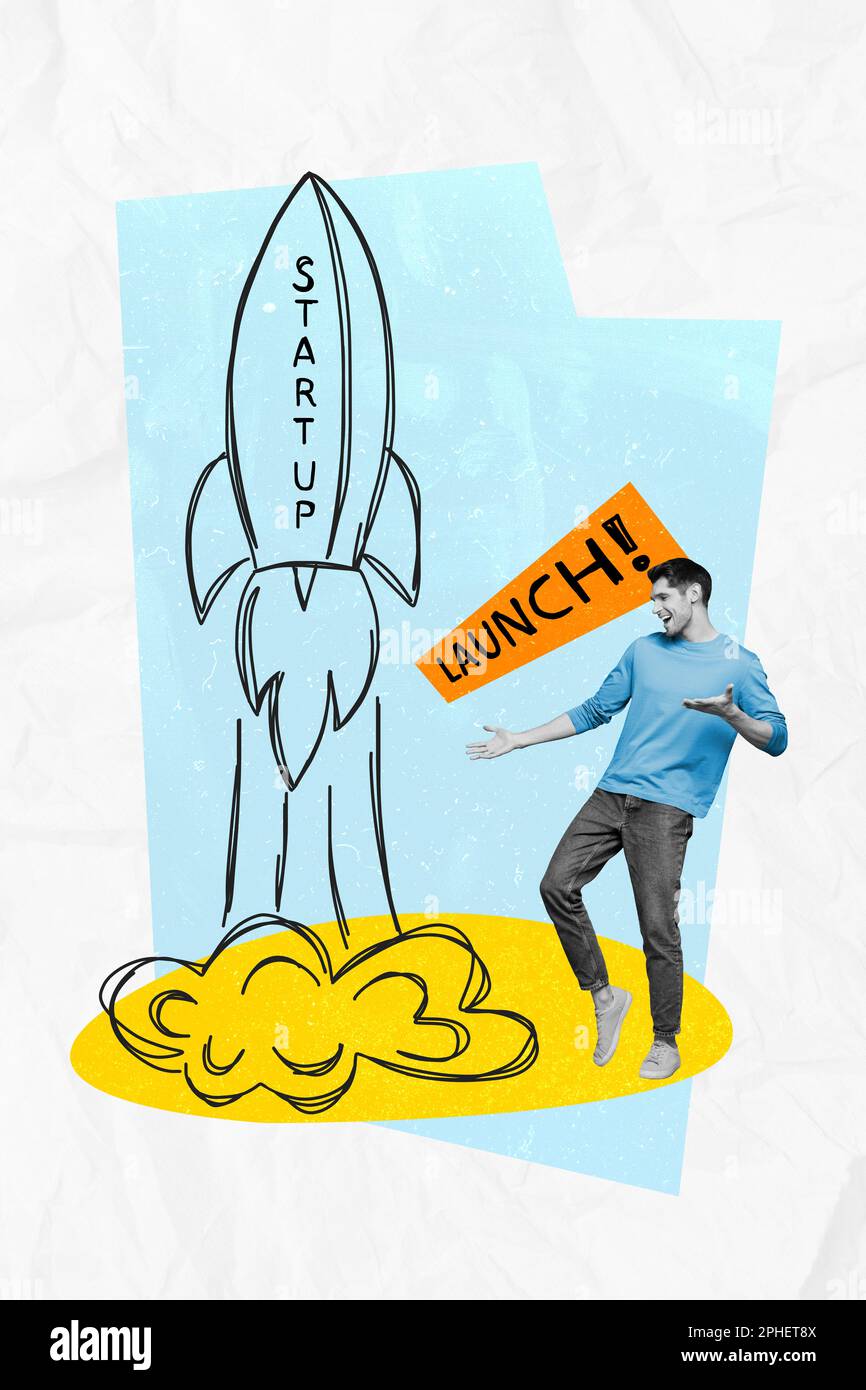 Vertical collage picture of positive mini black white gamma guy launch ...