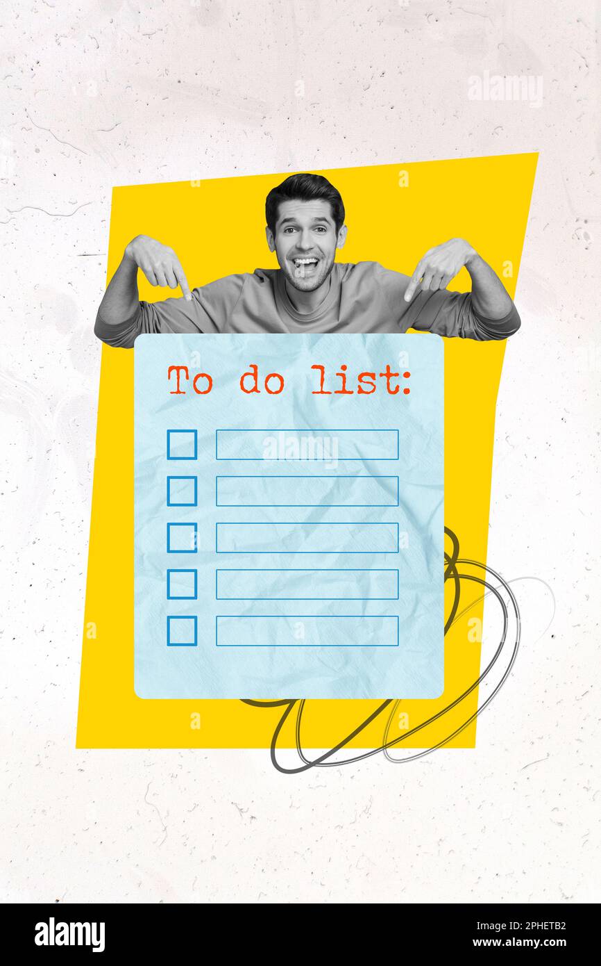 Realistic photo collage of young man directing fingers paper list with ...