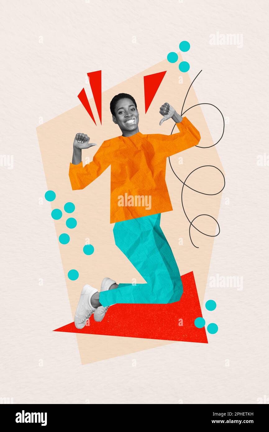 Vertical collage portrait of excited positive black white gamma person ...