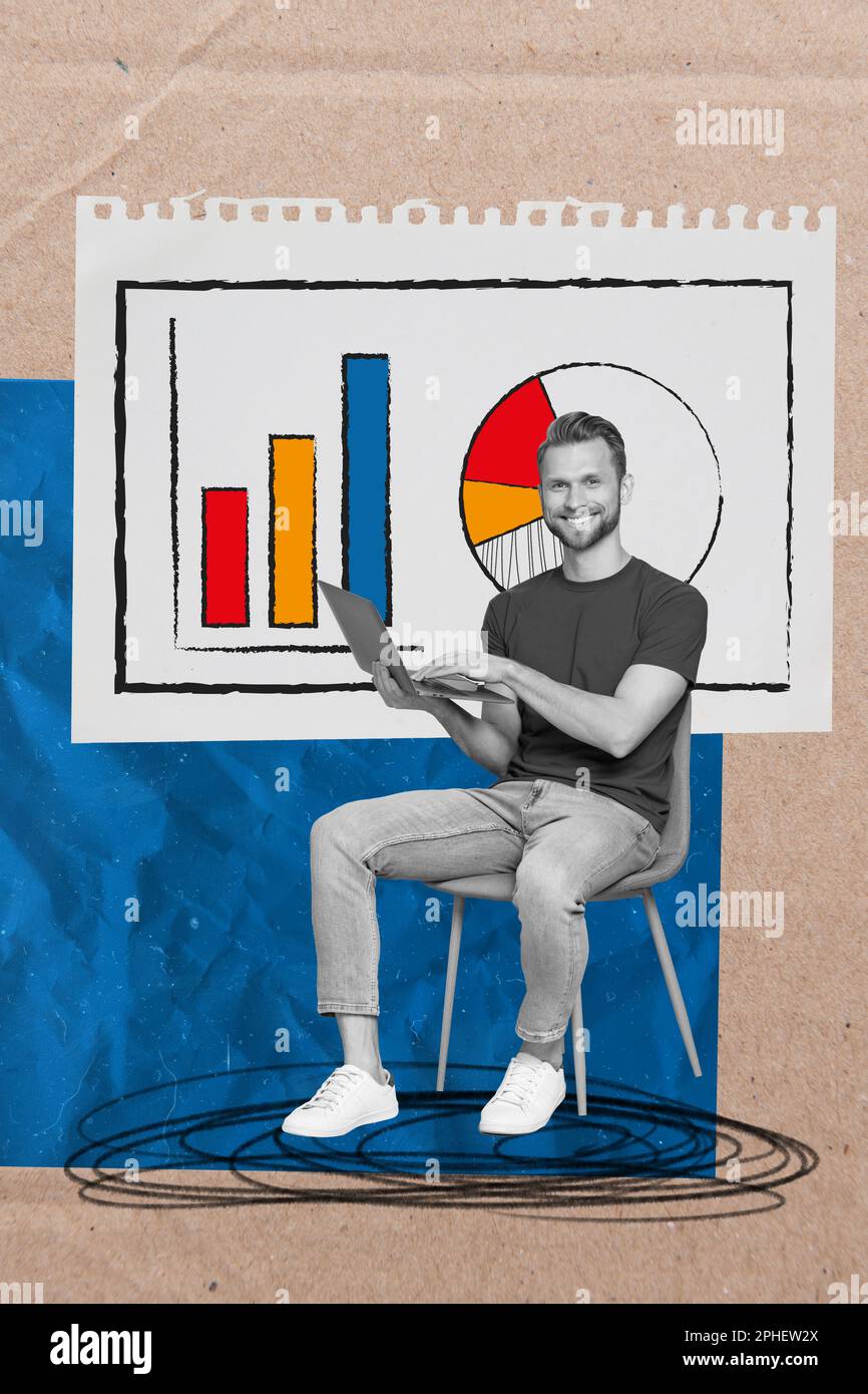 Vertical collage image of positive black white gamma guy sit chair use ...