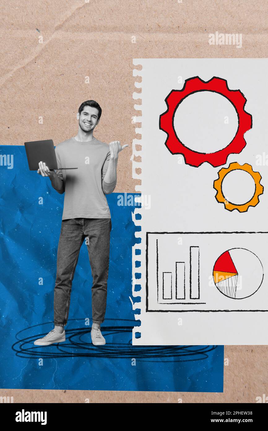 Composite image collage of young confident businessman show investors ...
