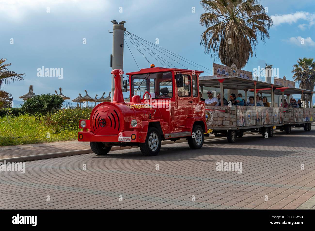 Playa de Palma, Spain; march 19 2023: Electric tourist train with ...