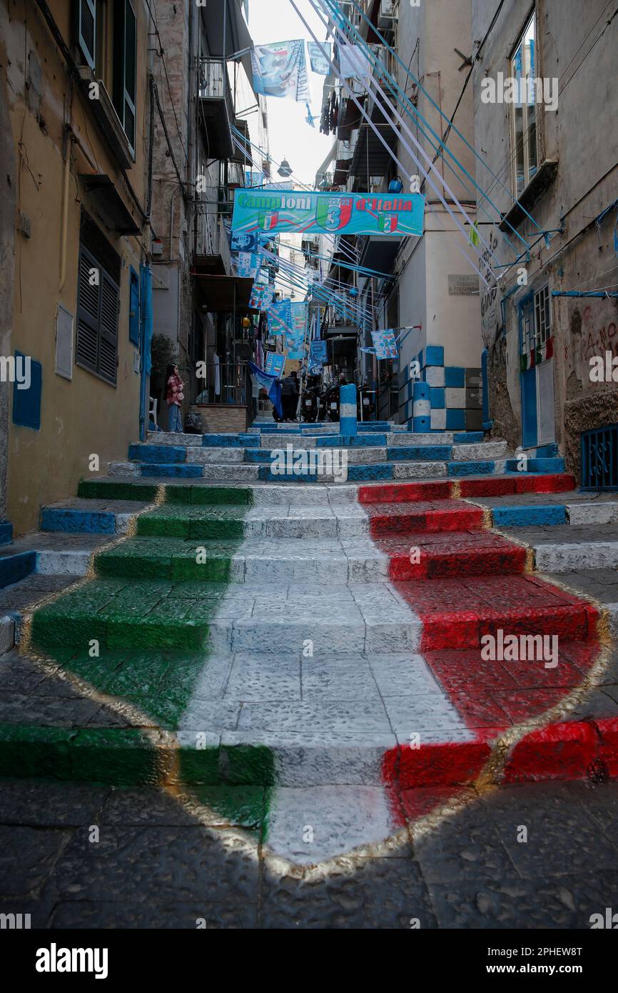 Naples, Italy. 18th Mar, 2023. A staircase in downtown painted in the ...