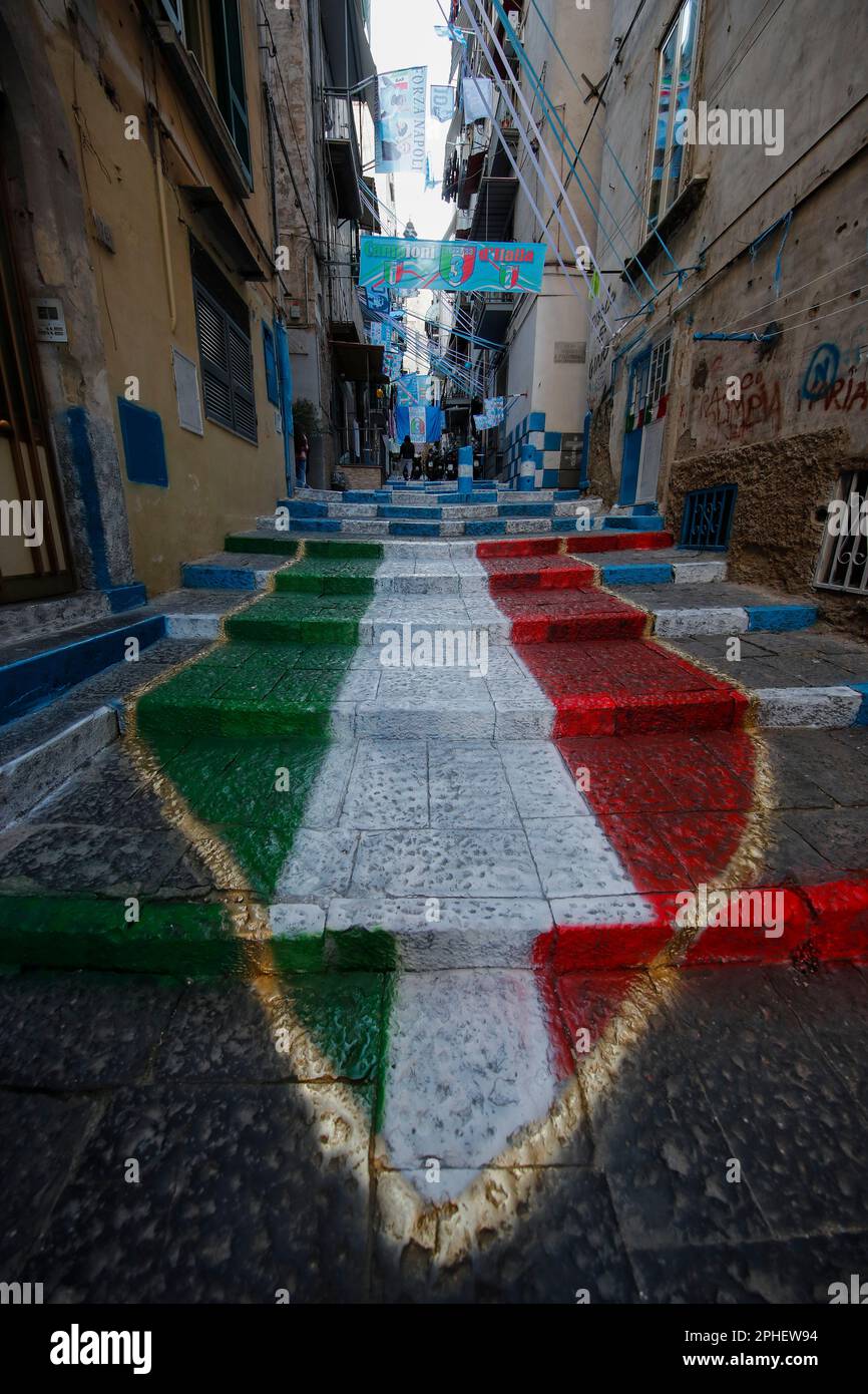 A staircase in downtown painted in the colors of the SSC Napoli soccer ...