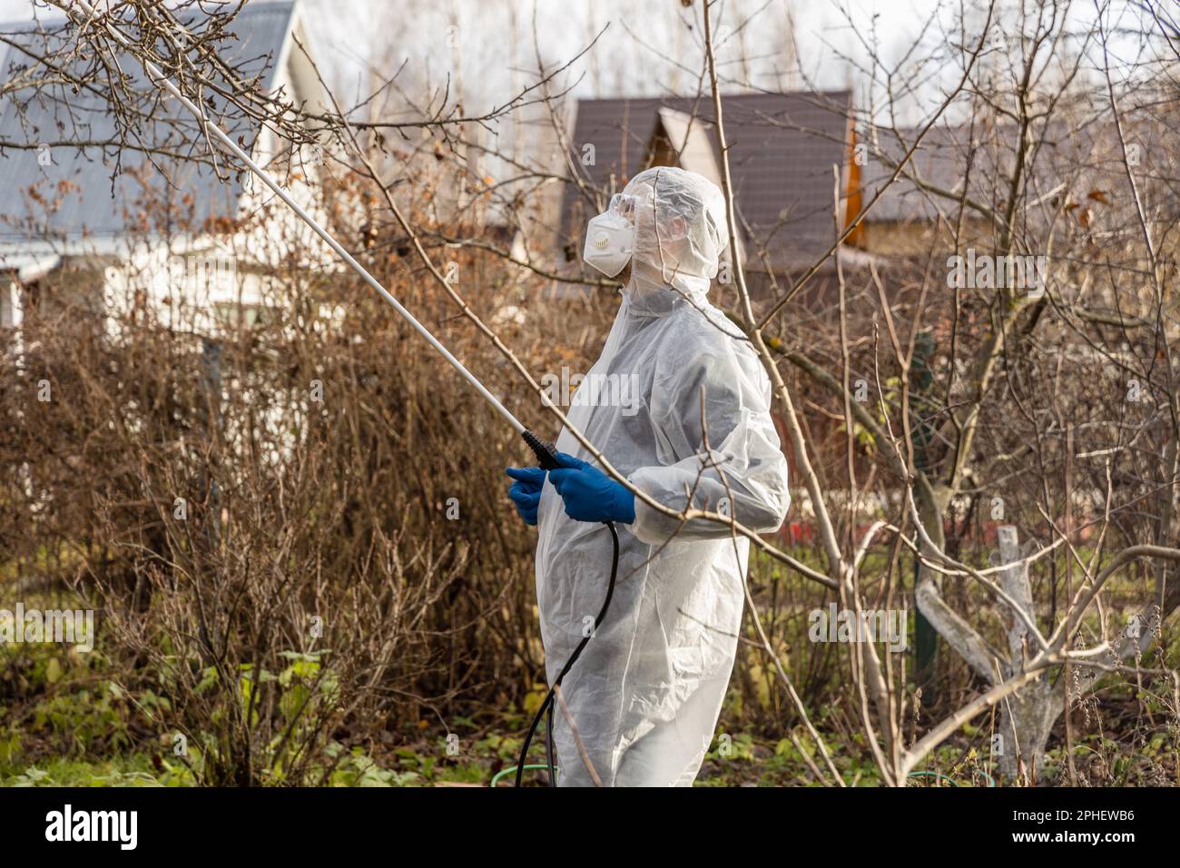 Using chemicals in the garden orchard gardener applying an insecticide ...