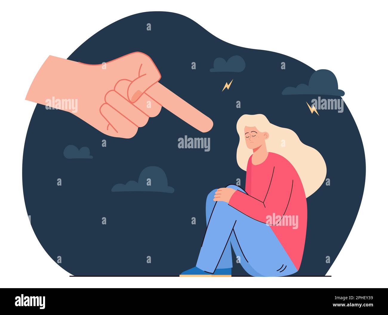 Hand pointing at depressed guilty young cartoon woman Stock Vector ...