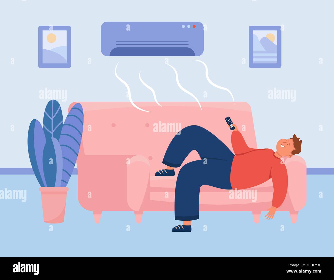 Cartoon man lying on sofa under cold air from conditioner Stock Vector ...