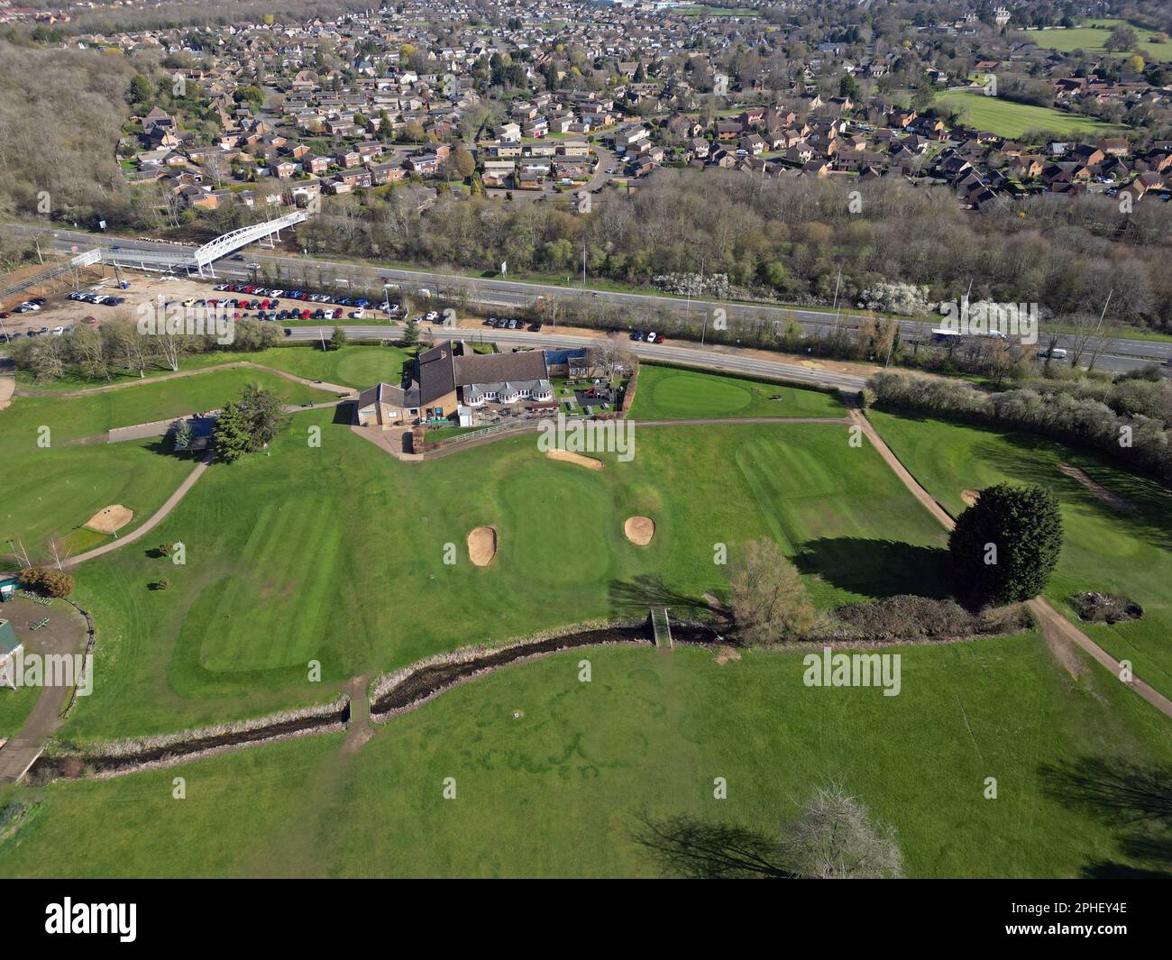 The 18th hole on the Thorpe Wood Golf course with (top left), a new replacement footbridge over ...