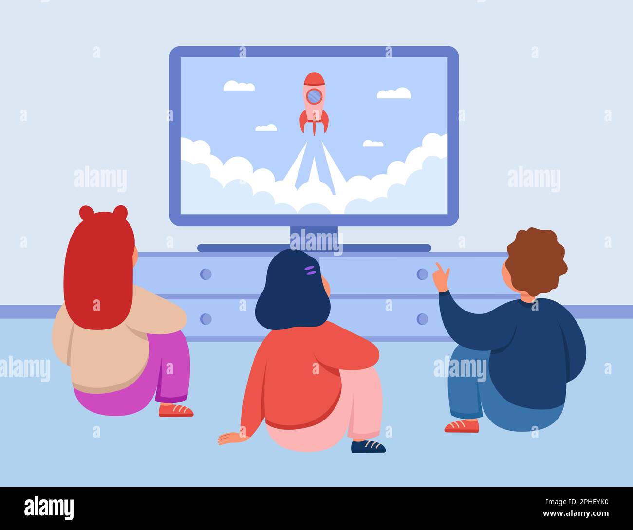 Back view of cartoon kids watching movie or show on television Stock ...