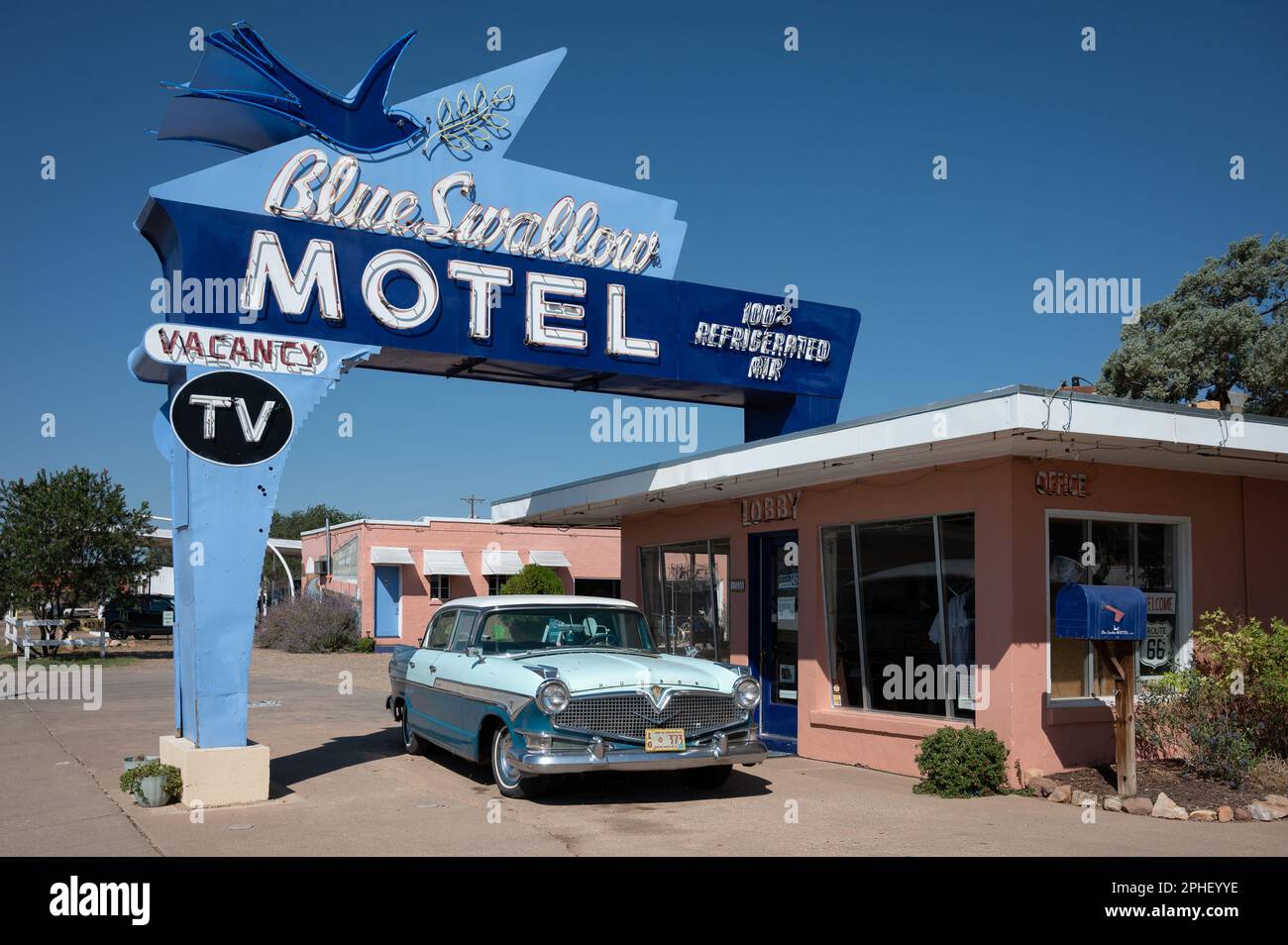 Classic Blue Swallow motel on historic Route 66 with a blue Hudson ...