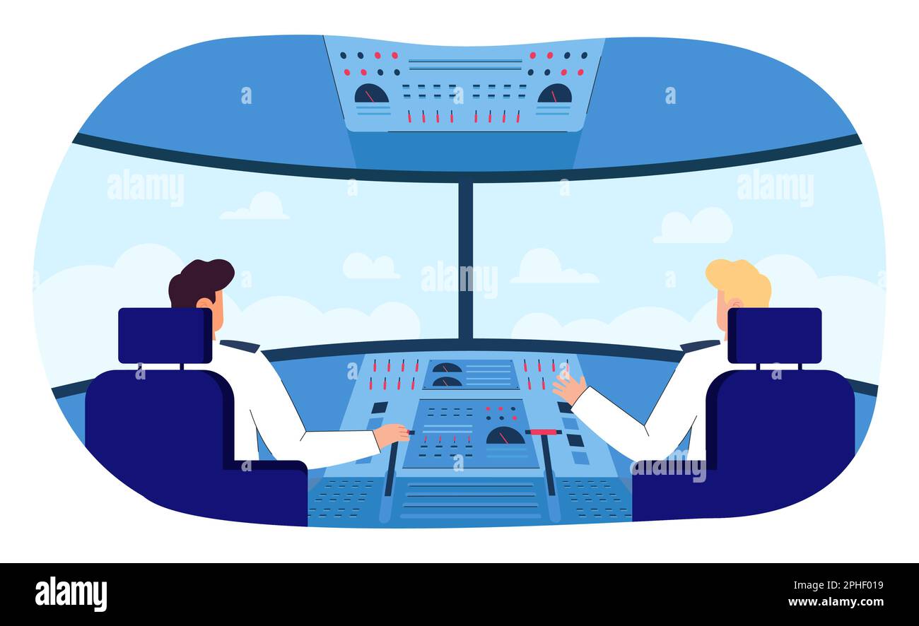 Back view of pilot and copilot inside cockpit during flight Stock ...
