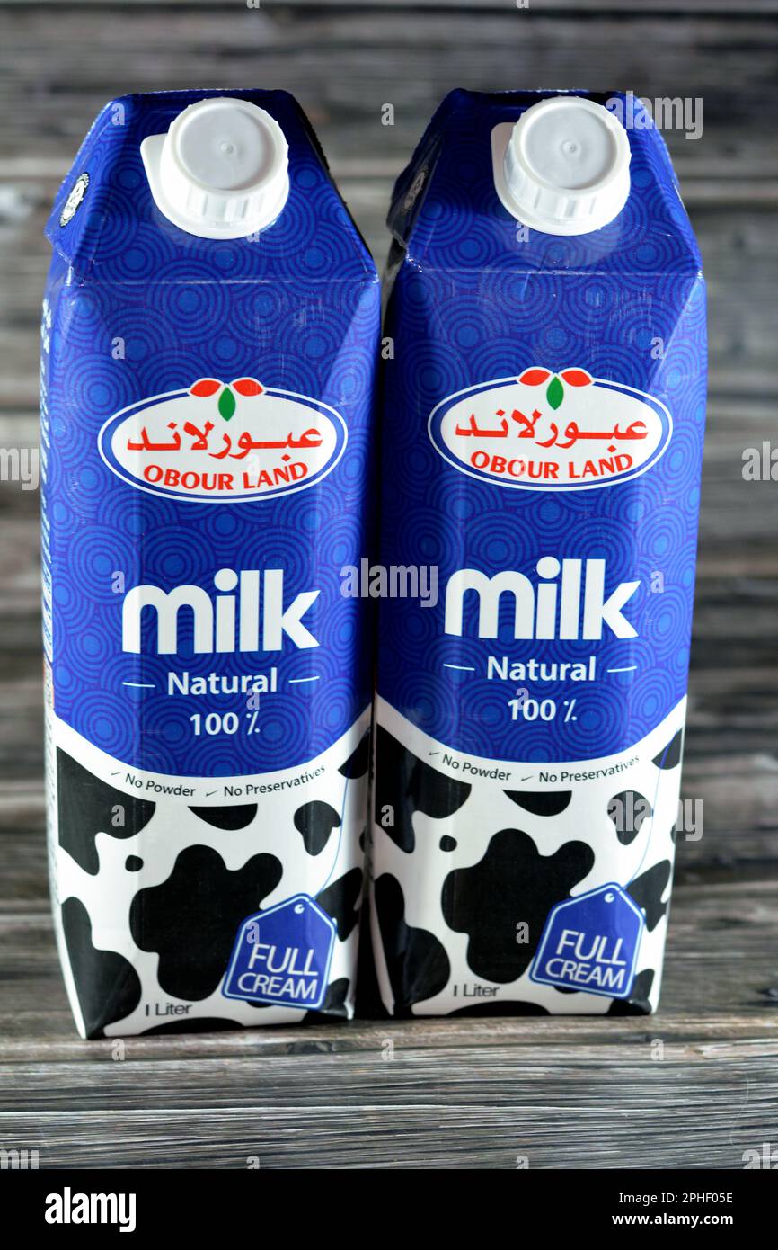 Cairo, Egypt, March 16 2023: Obour Land full cream fresh cow's milk ...