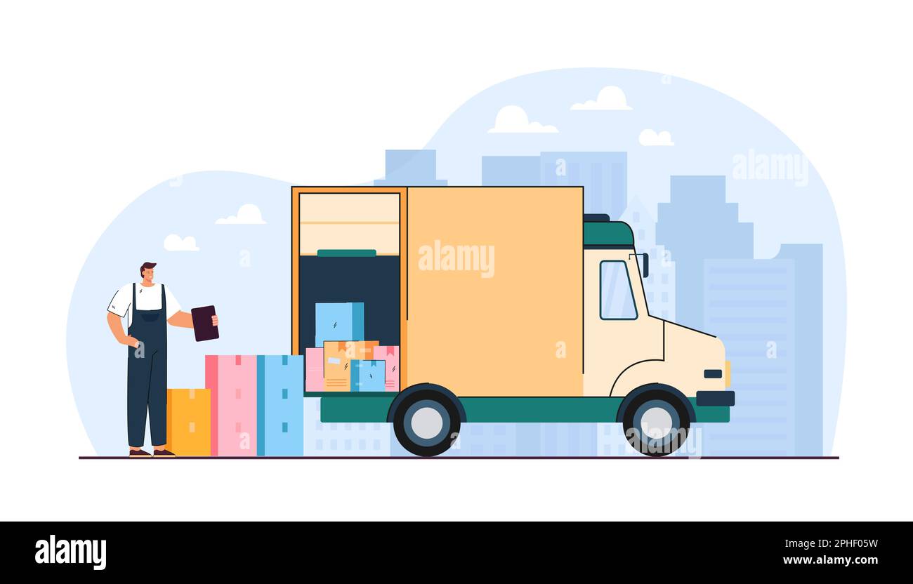 Delivery man unloading boxes from van flat vector illustration Stock ...
