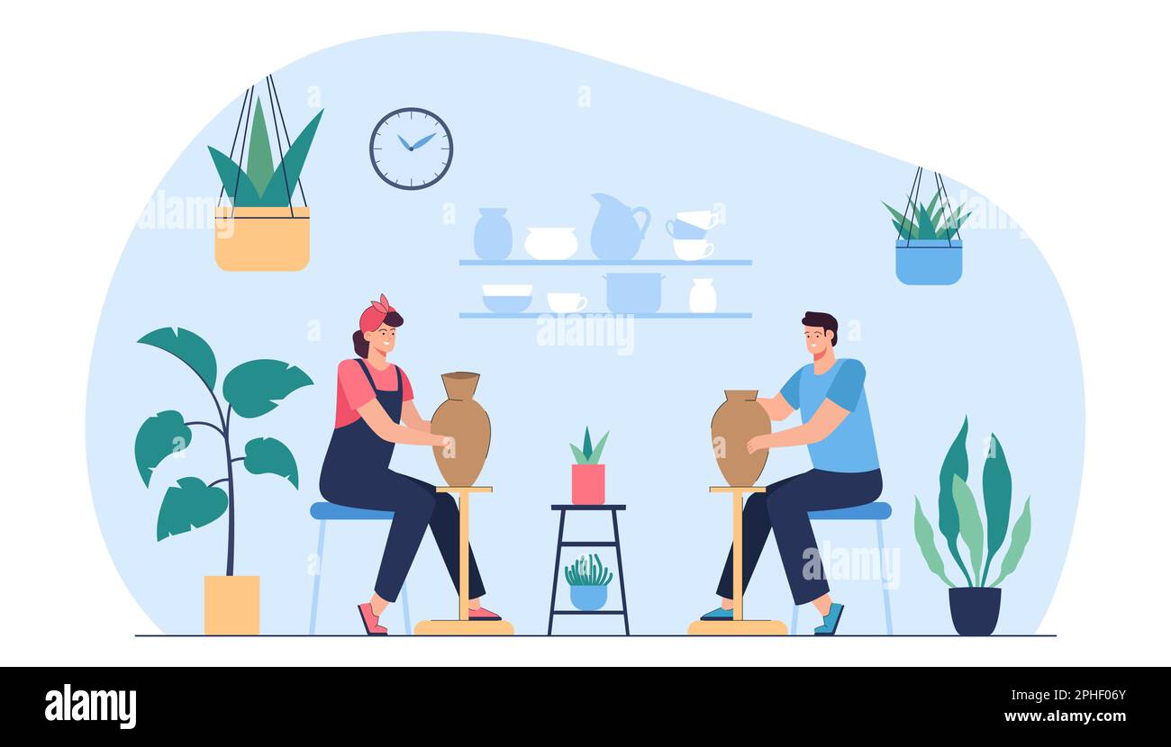 People making pottery at workshop flat vector illustration Stock Vector ...