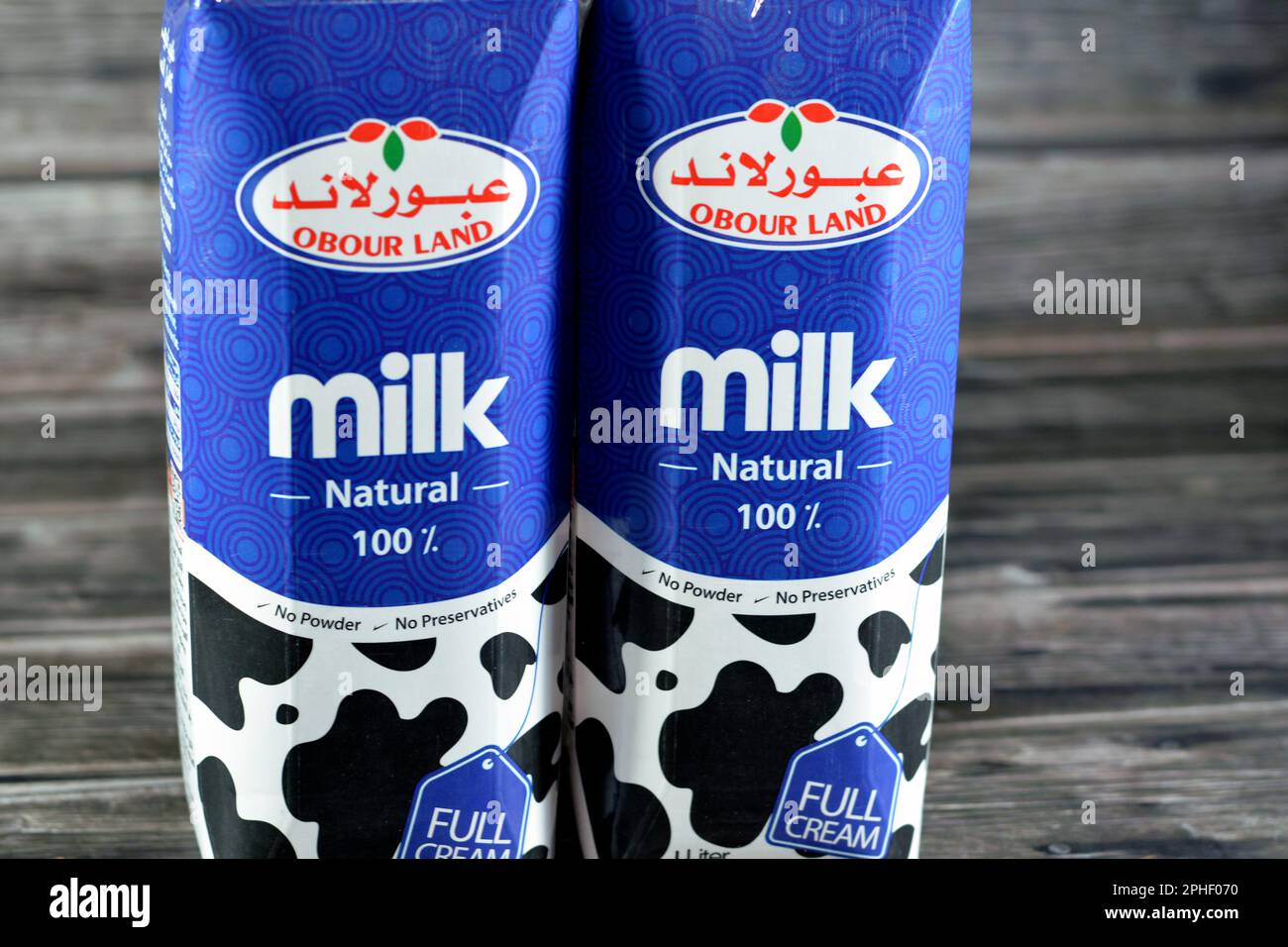 Cairo, Egypt, March 16 2023: Obour Land full cream fresh cow's milk ...