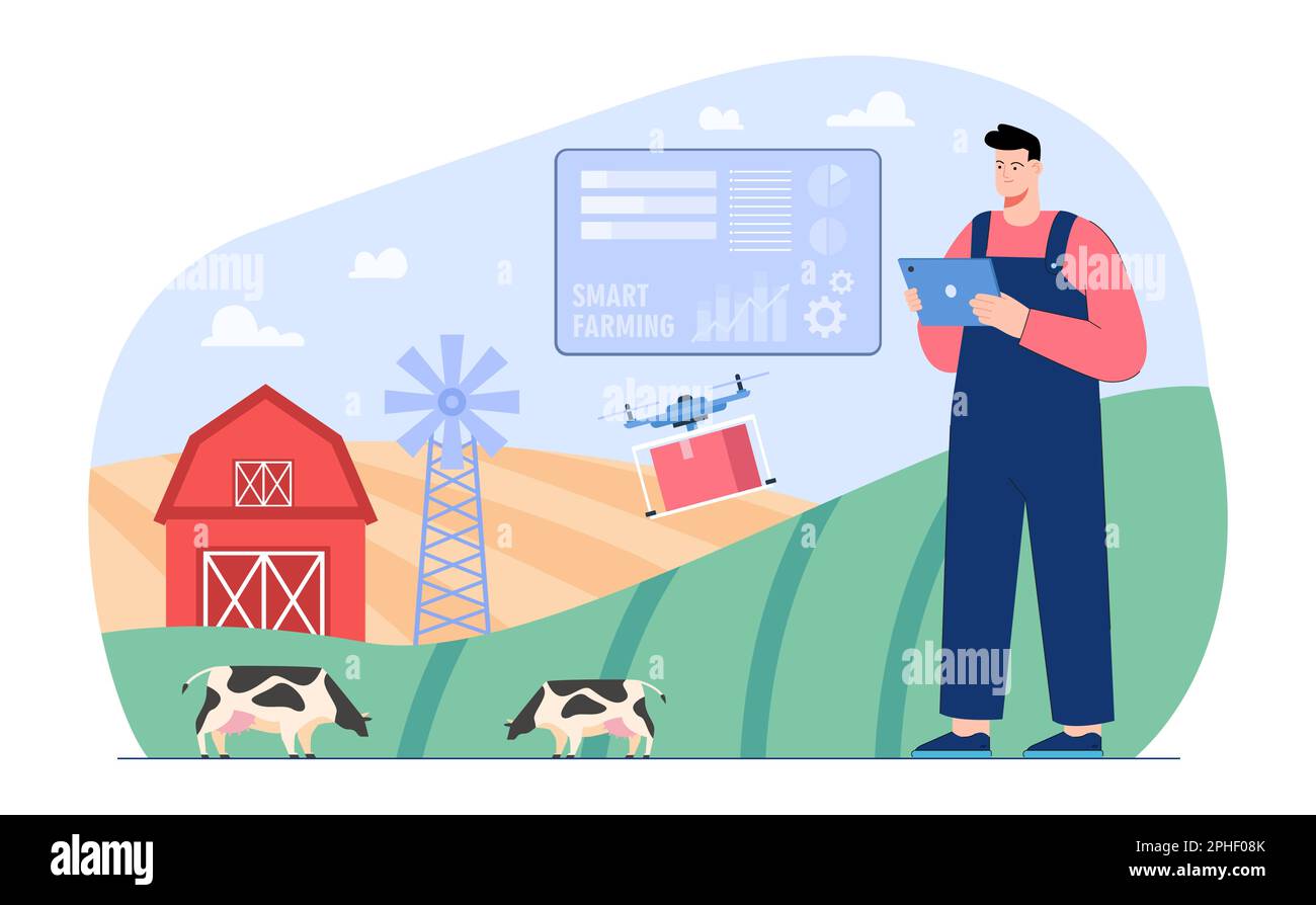 Farmer With Tablet Analyzing Data About Cows Stock Vector Image And Art