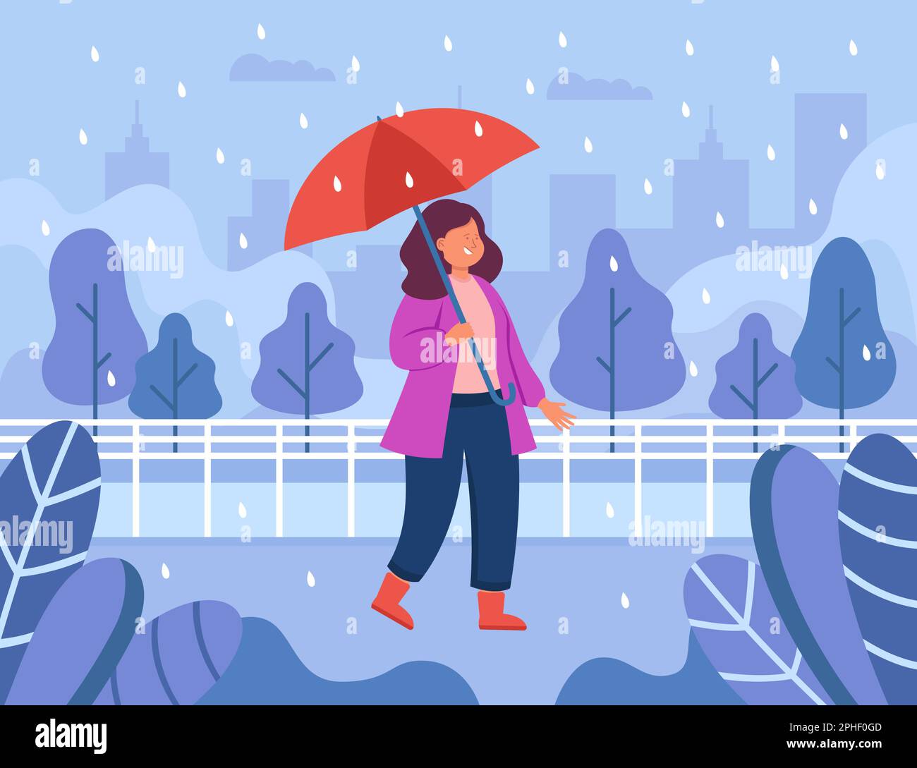 Happy female with umbrella walking through city in rain Stock Vector ...