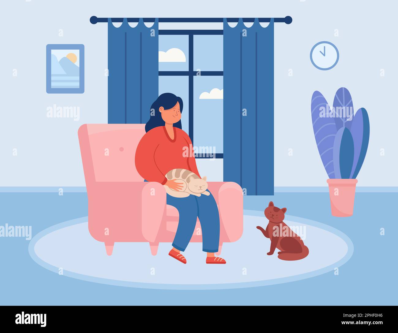 Cartoon girl relaxing in chair with cats at home Stock Vector Image ...
