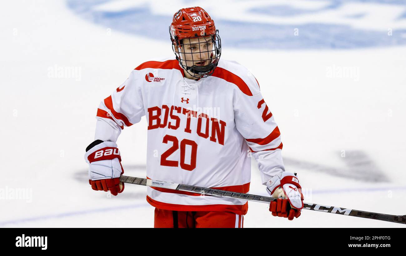 Boston University defenseman Lane Hutson (20) skates during the second ...