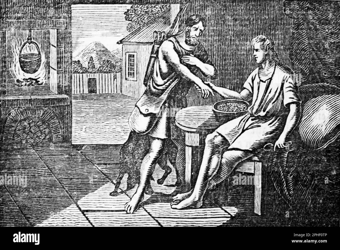 Esau sells Jacob the right of the firstborn, historic bible 1831 ...