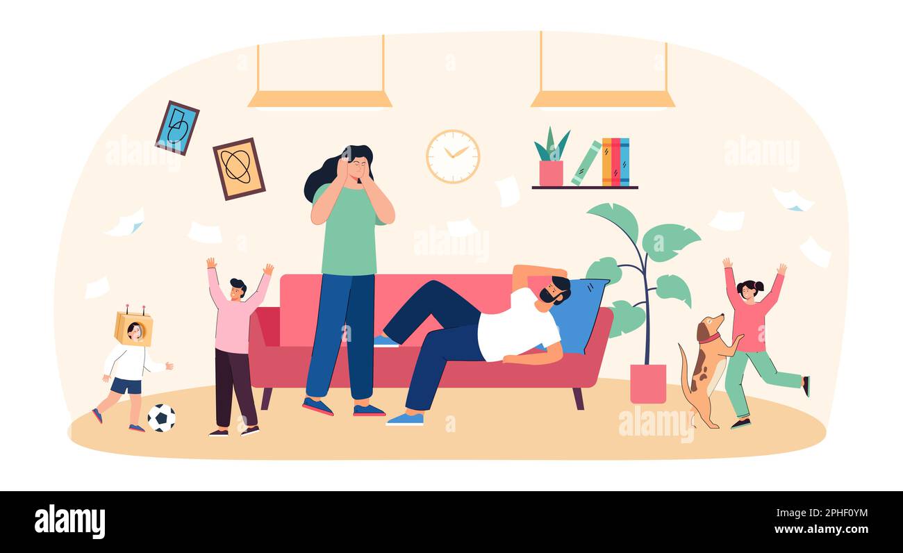 Tired mother and father with three happy children and dog Stock Vector ...