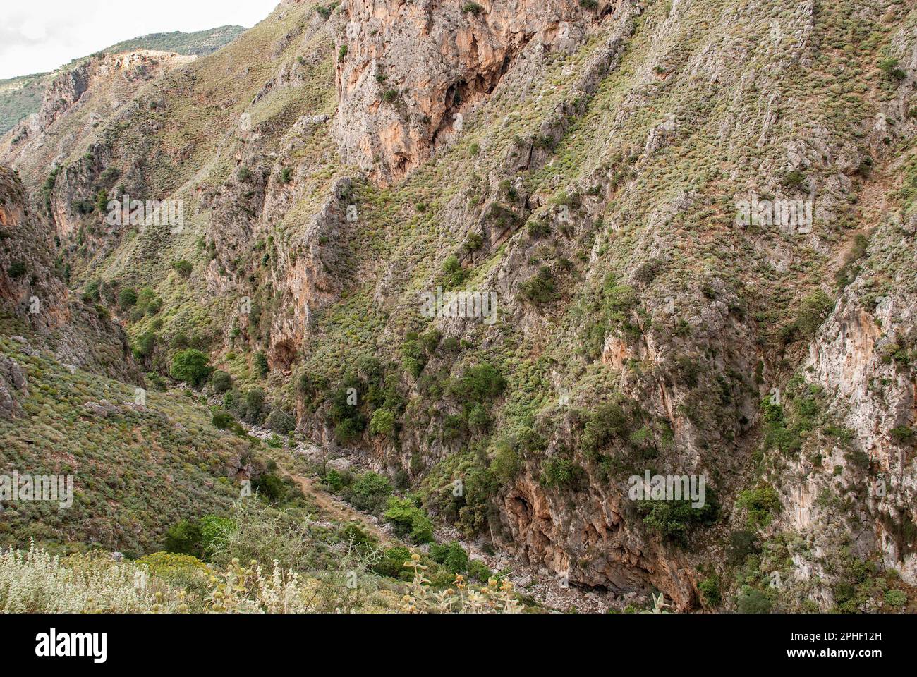 Gorge walking in Crete along the bottom of high-sided canyon with ...