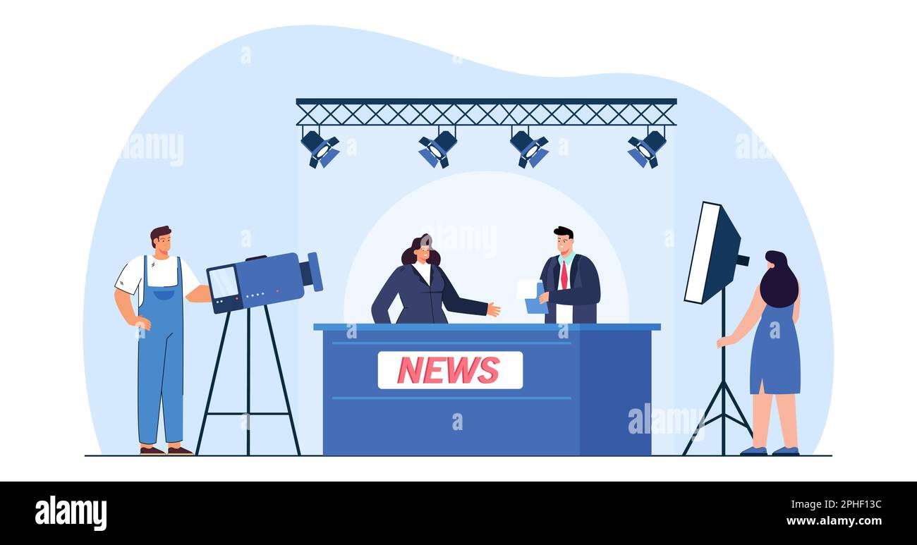 News presenters behind desk in studio with camera crew Stock Vector Image & Art - Alamy