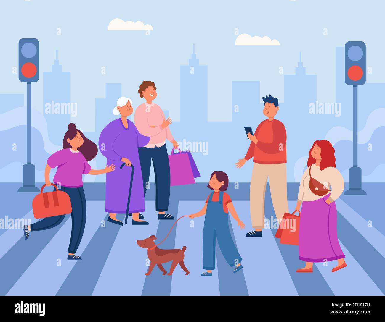 Cartoon pedestrians on crosswalk with city background Stock Vector ...