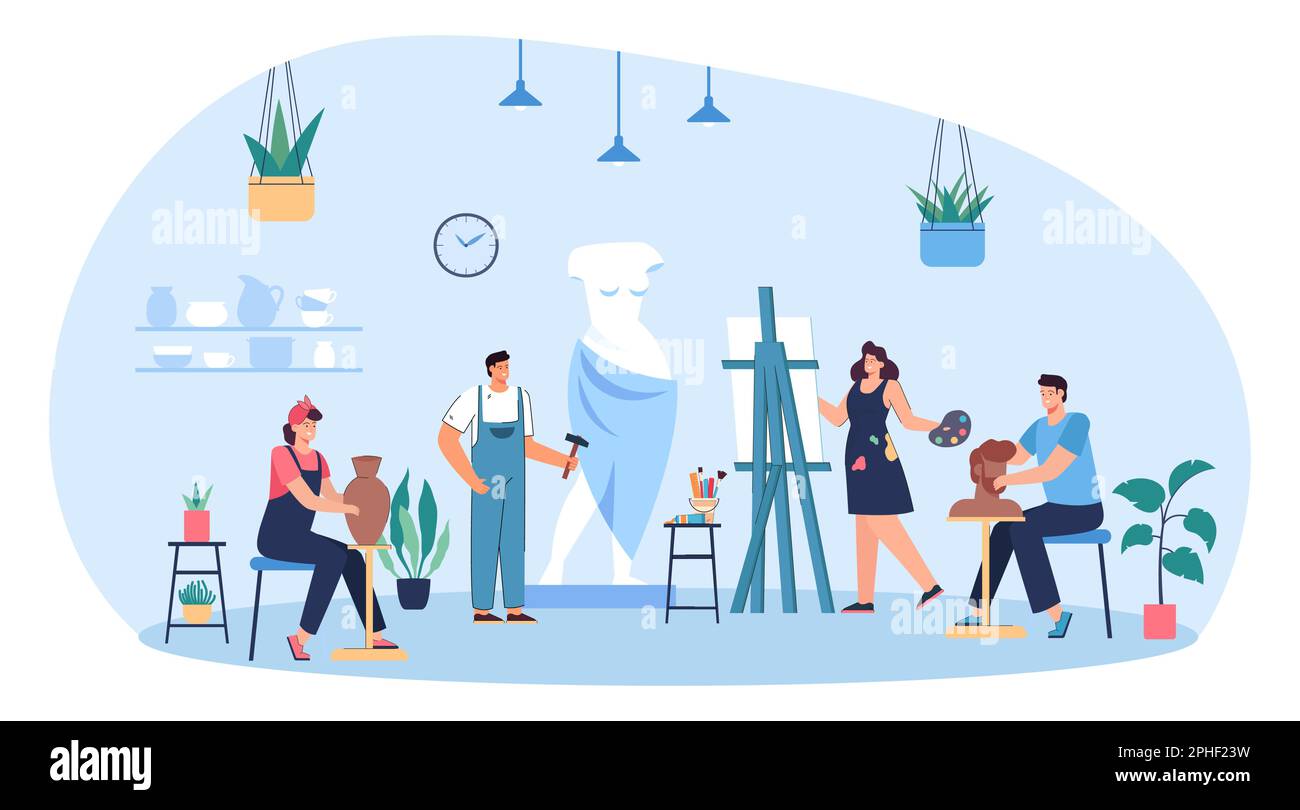 Community of artists creating paintings and sculptures in workshop ...