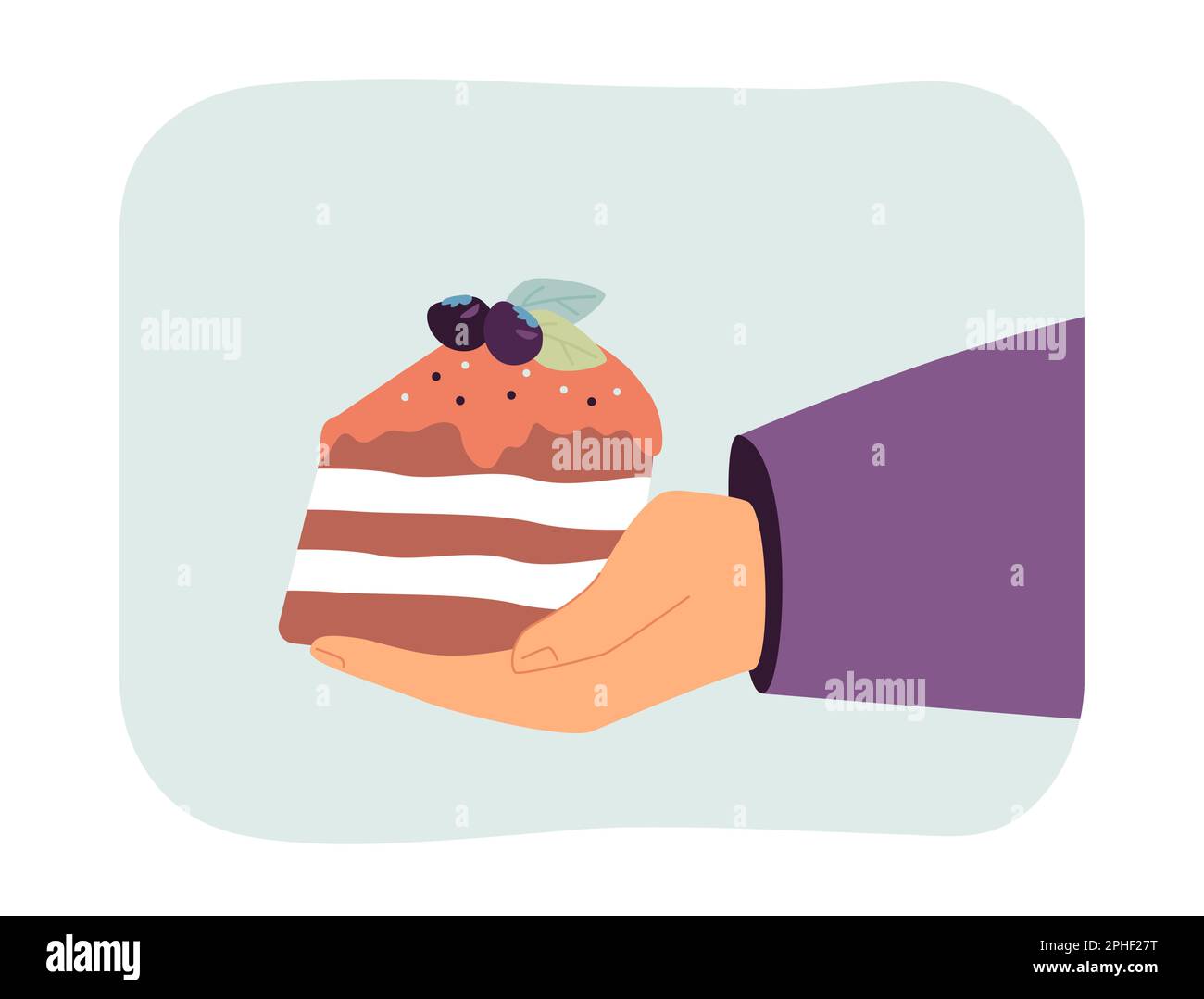 Hand holding piece of delicious cake flat vector illustration Stock ...